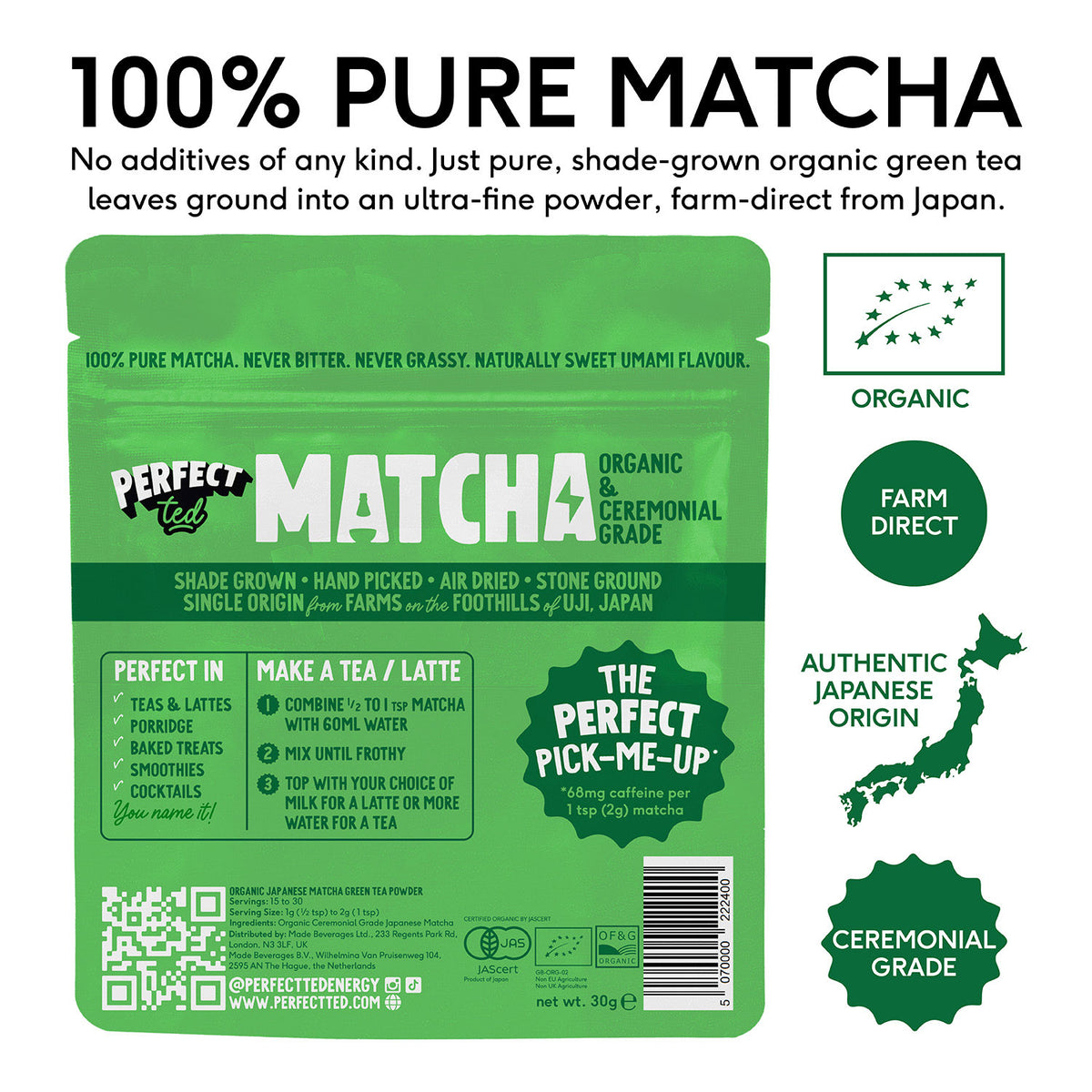 Perfect Ted Ceremonial Grade Matcha Powder 30g | Planet Organic
