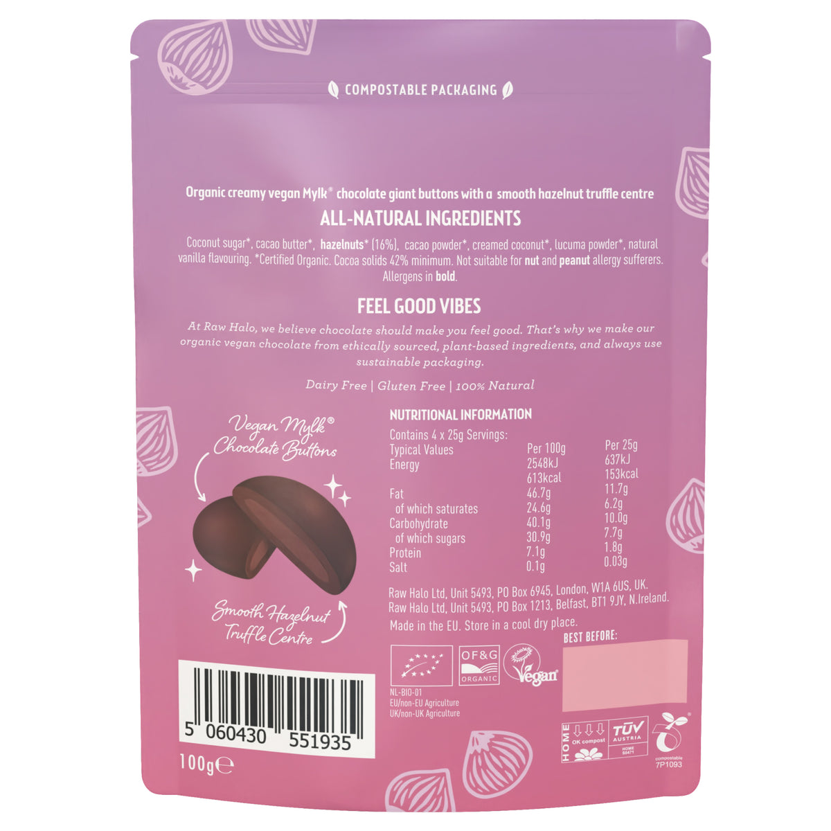 Raw Halo Giant Buttons - Mylk & Hazelnut Truffle Centres 100g | Planet ...